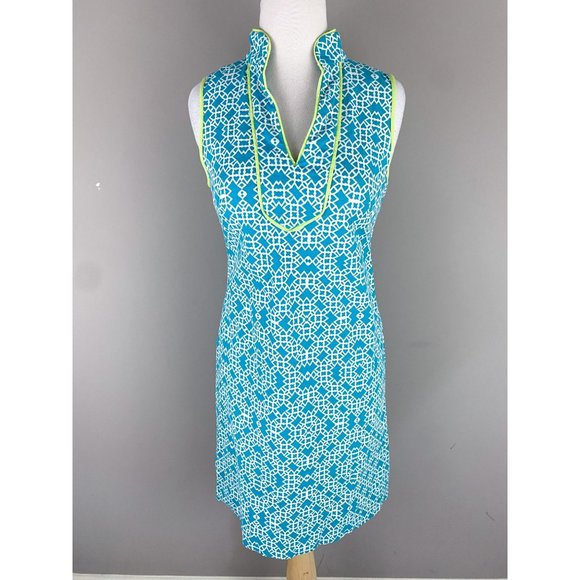 Eliza J | Dresses | Eliza J Teal Blue White Geometric Mandarin Collar ...
